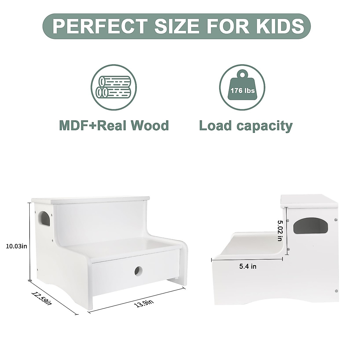 Gravilithic Wooden Step Stool, Bed Steps for High Beds with Drawer, Suitable for Kitchen, Bathroom, Bedside Footstool, White