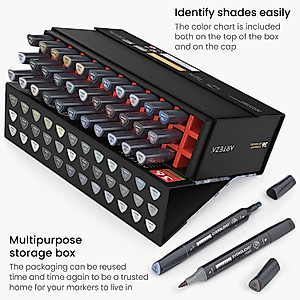ARTEZA Alcohol Brush Markers Set of 36 Grayscale Dual Tip Markers with Organizer Box, Medium Chisel and Brush Nib