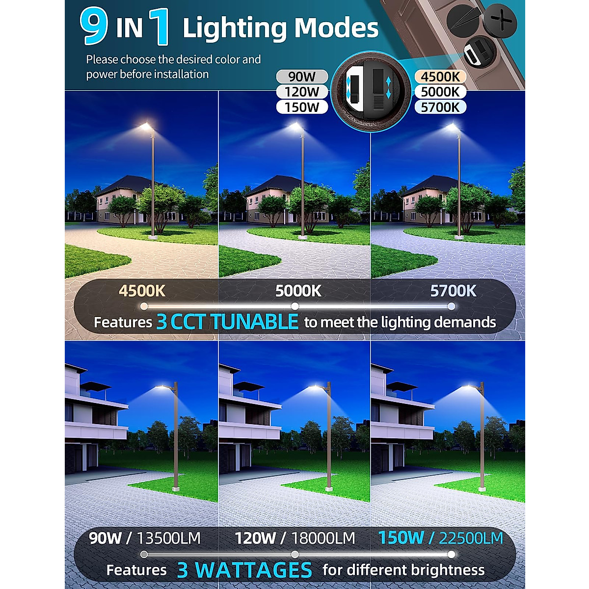 LED Parking Lot Light 150W 120W 90W Tunable, LED Shoebox Light 5700K 5000K 4500K Adjustable Arm&Slip Fitter, DLC Listed Outdoor Pole Light with Photocell, IP65 Commercial Street Area Flood Lighting