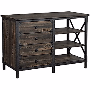 Sauder Steel River Industrial Metal & Wood Credenza with Drawers, Carbon Oak Finish