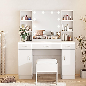 Vabches Vanity with Lighted Mirror, Large Vanity Desk Makeup Vanity Table Set with Comfortable Bench and Side Cabinets, Lots Storage, 45.2inch, White