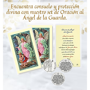 Spanish Catholic Guardian Angel Prayer Card - with Guardian Angel Coin - Laminated Double Sided Guardian Angel Holy Card, Guardian Angel Token - Angel De La Guarda Oracion Tarjetas - 6 Items Total