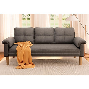 Ahomly 3-Seater Couch, 69 Inch with Extra Deep Seat, Padded Armrests, Solid Wood Legs for Living Room, Dark Gray