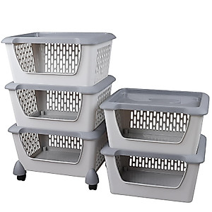 Kiddream 5 Tiers Plastic Stackable Baskets with Wheels, Grey Stacking Organizer Basket Bins