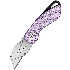 FantastiCAR Folding Utility Knife Cute Box Cutter, Chic Pattern on Metal Body with Extra 5 Blades (Purple-Hearts)