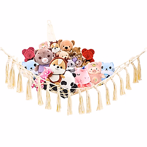 ROPECUBE Hanging Stuffed Animal Hammock, Handmade Stuffed Animal Storage Organizer With Boho Macrame Style, Corner Plush Toys Storage Organizer for Nursery Kid Room Playroom