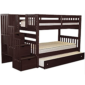 Bedz King Stairway Bunk Beds Twin over Twin with 3 Drawers in the Steps and a Twin Trundle, Dark Cherry