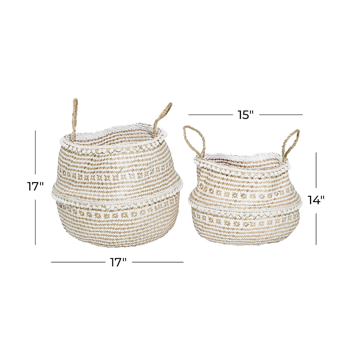 Deco 79 Seagrass Handmade Decorative and Functional Storage Basket Patterned Basket Organizer with Handles, Set of 2 Basket for Storage 17", 14"H, Brown