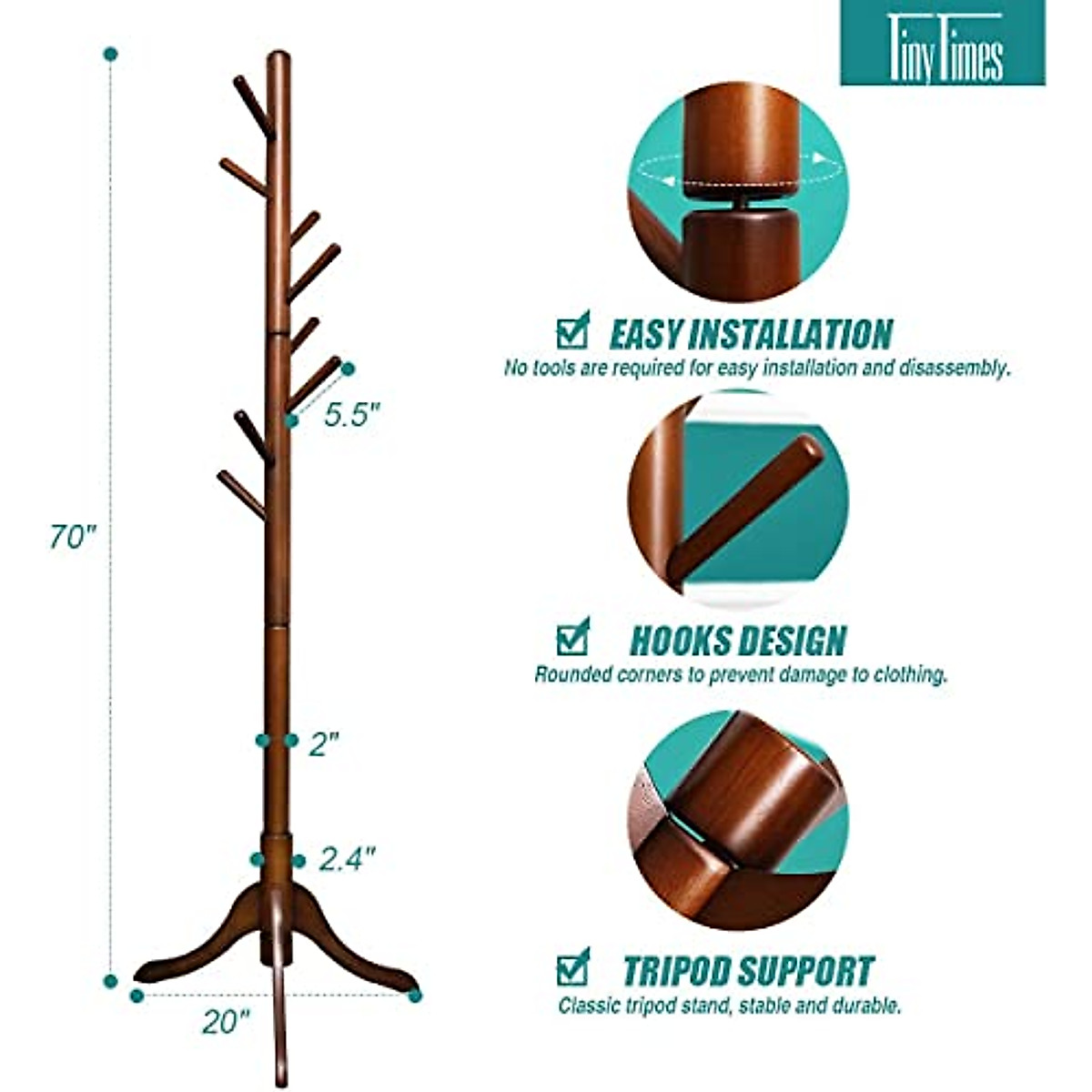 TinyTimes Wooden Coat Rack Free Standing, Sturdy Rustic Hall Tree Coat Tree Coat Hanger with 8 Hooks, for Coat, Hat, Clothes, Scarves, Handbags, Umbrella (Dark Brown)