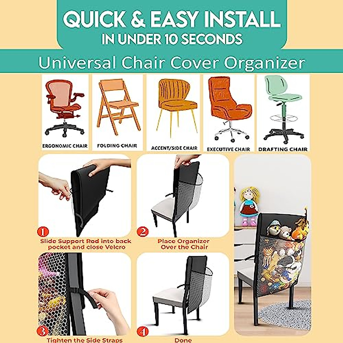 Stuffed Animal Storage Pocket for kids chair or Bed - Over Chair Organizer for Stuffies, Baby Ideas Holder, Toy Plush Storage/Hammock Hanging Storage Net Big Girls Toddler Large Bag Animals Black