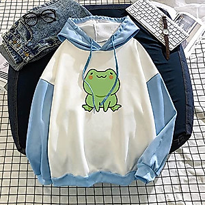 Hoodies for Teen Girls Aesthetic Cute Frog Hoodie for Womens Teen Girls Long Sleeve Patchwork Sweatshirts Kawaii Frog Graphic Pullover with Pocket Aesthetic Clothing