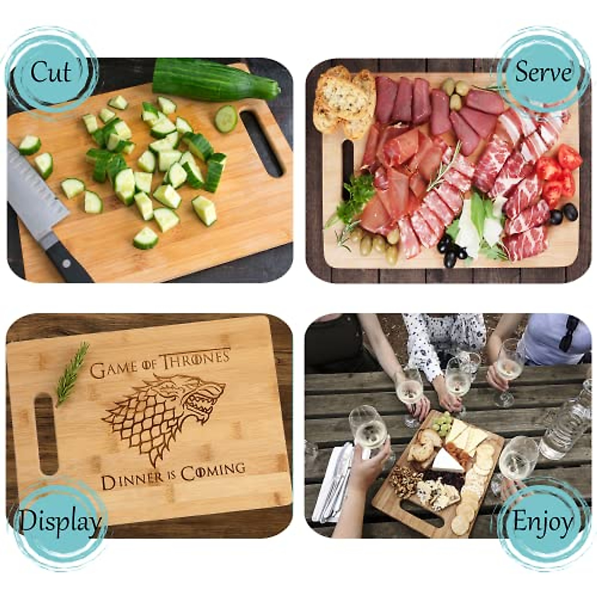 Game of Thrones Dinner is Coming Laser Engraved Bamboo Wood Cutting Board with Handle 9.5 x 13" Funny Gift House Stark