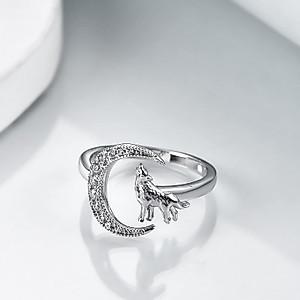 POPLYKE Wolf Moon Ring for Women 925 Sterling Silver Crescent Moon Wolf Ring Jewelry Gifts for Women