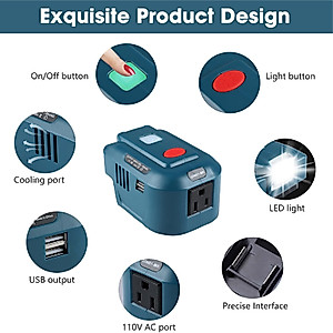 BTRUI for Makita Powered Inverter Generator 150W for Makita Battery DC 18v to 110v AC Output, Portable Power Source USB Charger Adapter, for Makita Power Station with LED Light