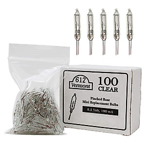 612 Vermont 2.5V Clear Mini Christmas Replacement Bulbs for Christmas Trees and Incandescent String Lights, Pinched Base, 100 Count (0.25 Watt, 100 mA)