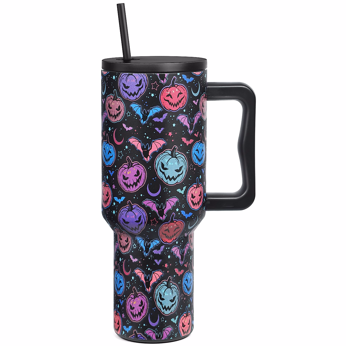 40 oz Halloween Tumbler with Handle, Wicked Pumpkin & Bat Tumblers with Lid and Straw, Double Walled Vacuum Coffee Travel Mug, Keep Cold for 30 Hours, Ideal Gift for Women Men (Black)