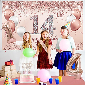 Trgowaul 14th Birthday Decorations Party Set for girls, Rose Gold 14 Birthday Banner and Tablecloth, 14 & Fabulous Sash and Tiara, 1PC Happy 14th Birthday Cake Topper, Pink Gold 14 Number Balloons