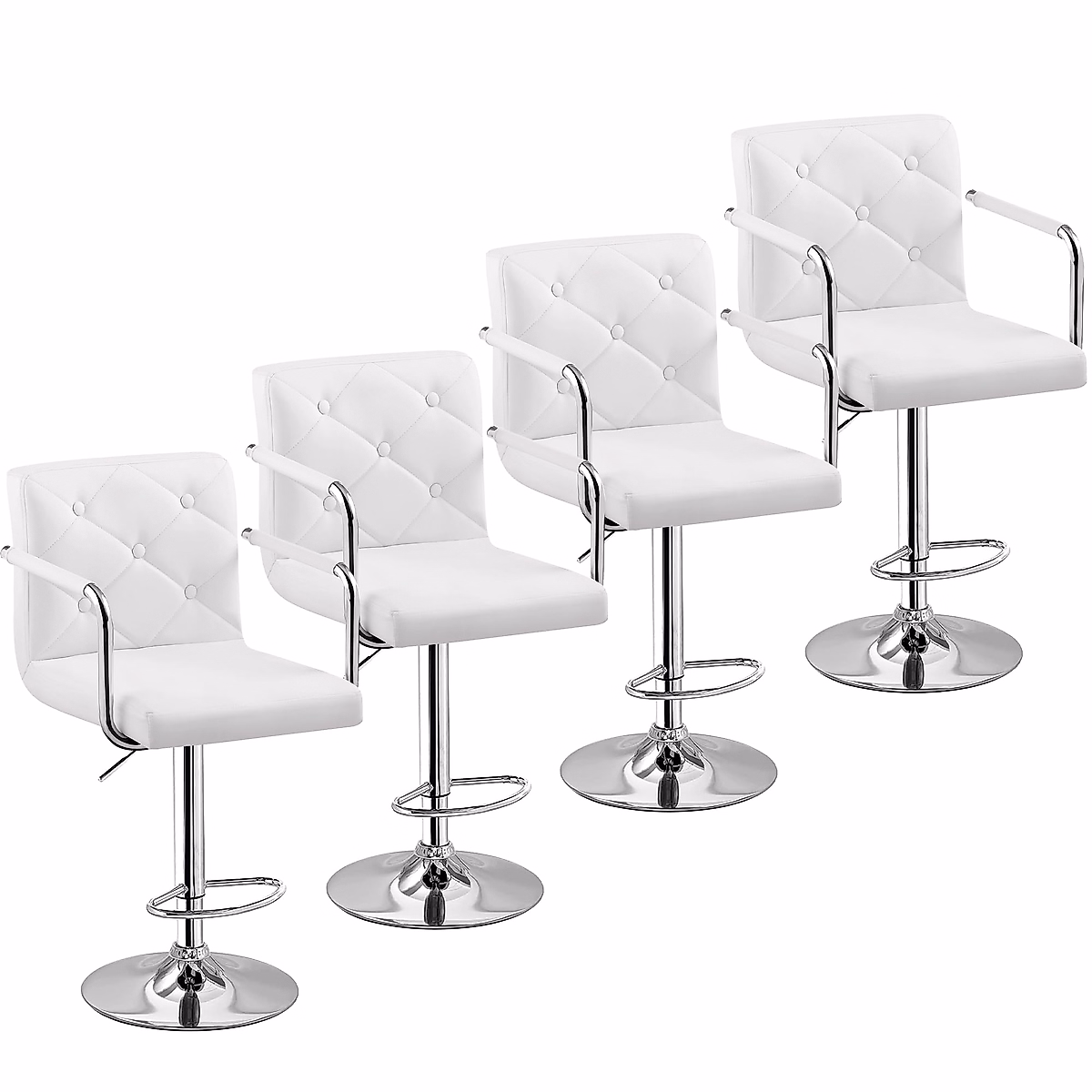 VECELO Bar Stools, Adjustable Bar Stools Set of 4, Counter Height Barstool with Back and Arms, Swivel PU Leather Bar Chairs for Kitchen/Island, White