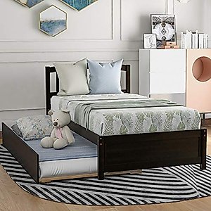 TARTOP Twin Size Platform Bed Wood Bed Frame with Trundle, Wood Bed Frame with Trundle and Slatted for Kids Teens Adults,No Box Spring Needed,Espresso
