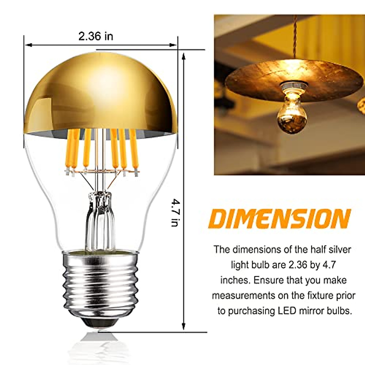 Half Chrome Light Bulb, Gold Tipped Light Bulb Dimmable, 6W (60 Watt Equivalent), A19 A Shape Decorative LED Bulbs, 2700K Warm White, Filament LED Edison Bulb, E26 Base, Pack of 4