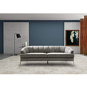 Iconic Home Astoria Sofa Barrel 2 T-Shaped Seat Cushion Design Linen-Textured Upholstery Vertical Channel-Quilted Tight Back Espresso Solid Metal Legs Modern Transitional, DARK GREY