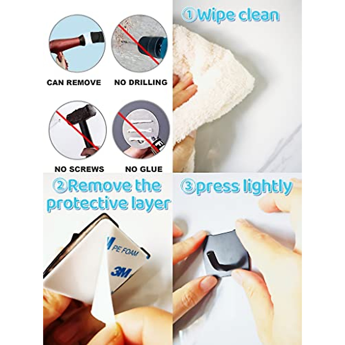 3M Hooks,Adhesive Hooks Heavy Duty Stick on Wall Hooks Towel Hooks Door Hooks Waterproof Stainless Steel Adhesive Towel Hooks Adhesive Holders for Hanging Clothes Bathroom Adhesive Hook 6 Pack (Black)