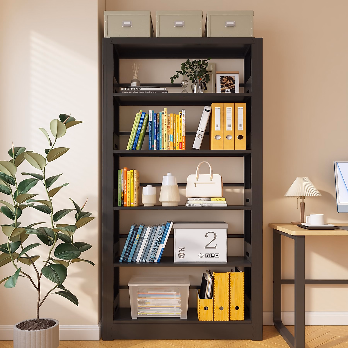 ZONLESON 69" Tall Bookshelf,5-Tier Bookcase with Adjustable Storage Shelves,Floor Standing Unit,Black Metal Bookcase for Home Office, Living Room, Bed Room, Library,Black Shelves (Black)