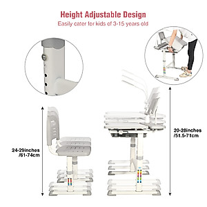 Domaker Kids Desk and Chair Set,Height Adjustable Childrens Homeschool Study Table with Storage Drawer, LED Light,Cup Holder,Bookstand, for 3-15 Years Boy and Girl, Grey