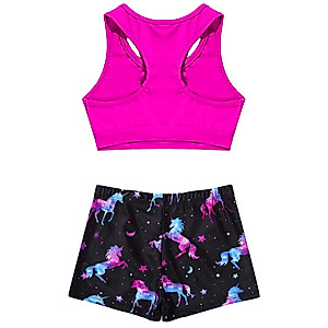 Moggemol Kids Girls 2 Piece Gymnastics/Dance/Sports Outfits Racerback Crop Top and Booty Shorts Swimwear Dark Night Black 3-4