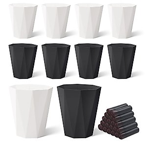 Krijuess 10Pack Office Trash Can with 375 Counts/ 25Rolls Trash Bags, 1.8 Gallons Small Trash Can Bulk for Bathroom, Small Bathroom Garbage Can for Bathroom, Bedroom, Office, Kitchen (5White, 5Black)