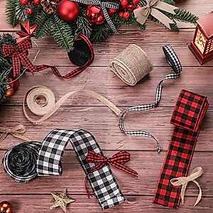 6 Rolls 54 Yards Christmas Wrapping Ribbon Buffalo Plaid Festival Ribbon Wired Holiday Garland Ribbons for Gift Wrapping Decoration Floral Bows Craft