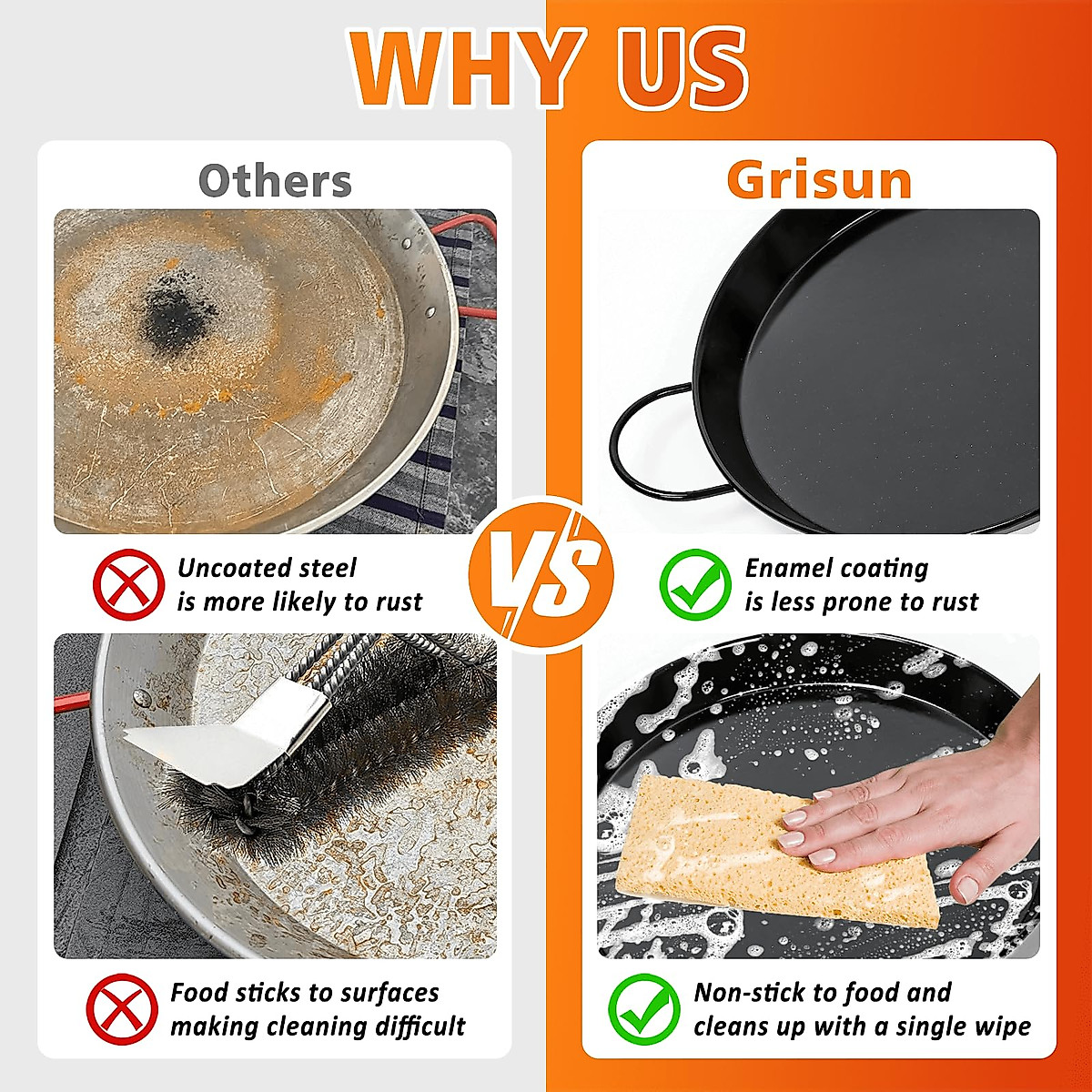 GRISUN Paella Pan 16 inches | Enameled Paella Pan for 8 Servings | Nonstick Pan for Authentic Spanish Dishes | Enameled Skillet Ideal for Restaurants and Home Cooking