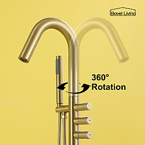 Freestanding Bathtub Faucet Floor Mount Tub Filler Faucet with Handheld Shower 360° Swivel Bathtub Faucet Set with Stainless Steel Water Supply Pipe, Brushed Gold