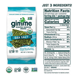 gimMe Organic Roasted Seaweed Sheets, Sea Salt, Keto, Vegan, Gluten Free, Great Source of Iodine and Omega 3’s, Healthy On-The-Go Snack for Kids & Adults, #1 Sea Salt, 0.17 Ounce (Pack of 20)