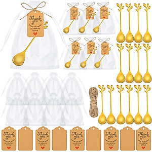 Dandat 50 Sets Wedding Tea Spoon Favor Bulk Include Leaf Coffee Spoon Gold Creative Tableware Dessert Spoons Stainless Steel Demitasse Spoons Mini Bags Labels for Baby Shower Party Bridal Shower Gift