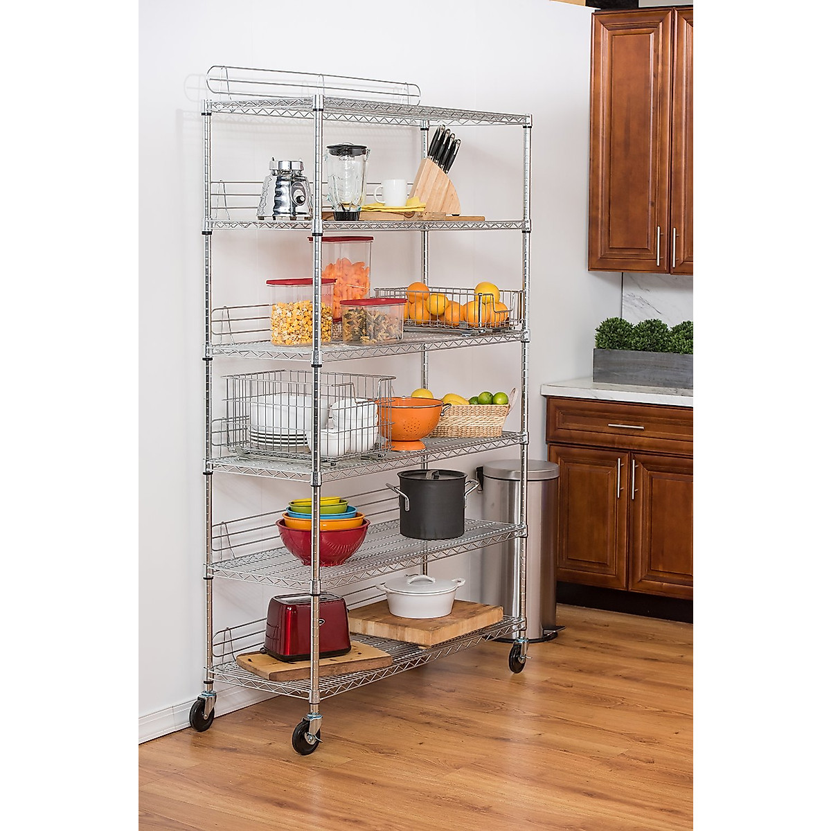 TRINITY EcoStorage Heavy Duty 6-Tier Adjustable Wire Shelving with Wheels and Backstands for Kitchen Organization, Garage Shelving, NSF Certified, 48” W x 18” D x 72-77” H, 800-4800 lb Capacity Chrome