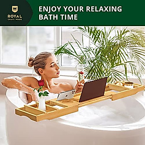 ROYAL CRAFT WOOD Luxury Bathtub Caddy Tray, One or Two Person Bath and Bed Tray, Bonus Free Soap Holder (Natural Bamboo Color) (Natural)