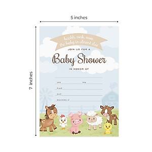 Barnyard Baby Shower Invites / 25 Cards With White Envelopes / 5" x 7" Farm Animal Invitations/Fill In Gender Neutral Country Baby Cards/Made In The USA