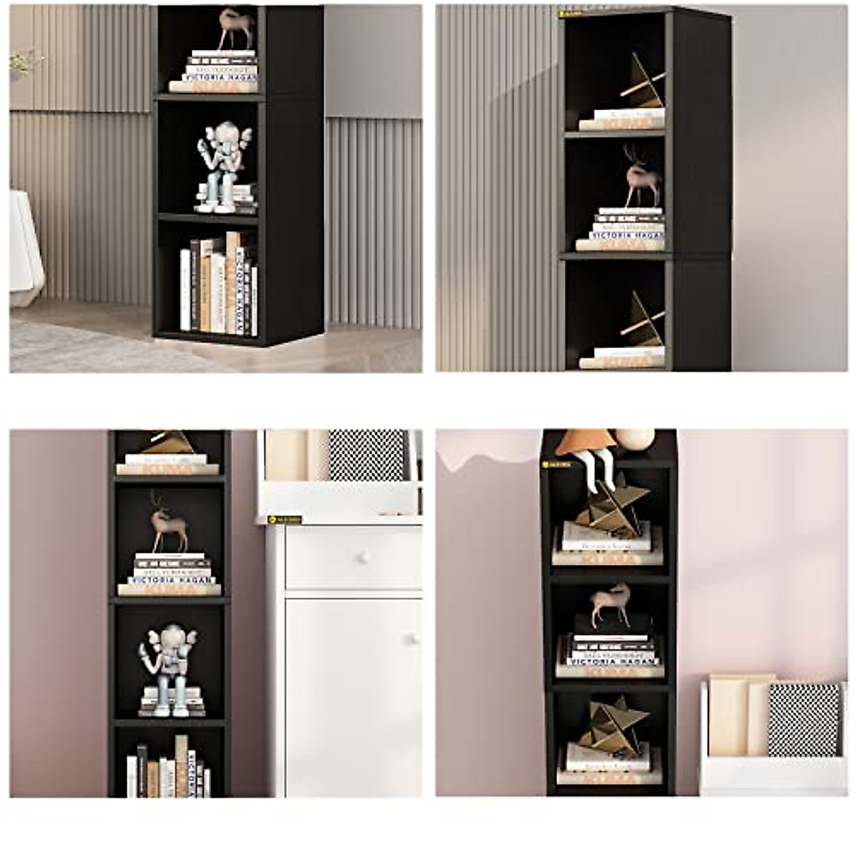 ALISENED 68.5" Tall Narrow Bookshelf, 6 Shelf Wooden Corner Bookcase, Modern Skinny Cubes Storage Organizer Display Shelving for Bedroom, Library, Living Room, Home, Office, Black