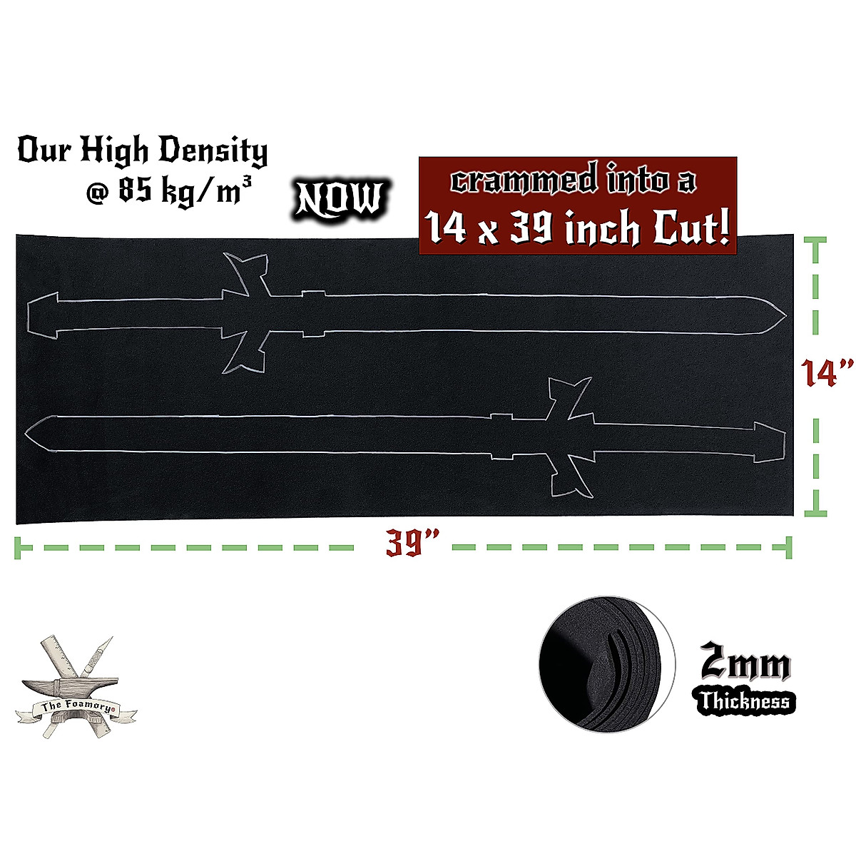 EVA Foam Cosplay - 2mm (1mm to 10mm) - Black or White - 14" x 39" Sheet - Ultra High Density Craft Foam 85 kg/m3 - by The Foamory