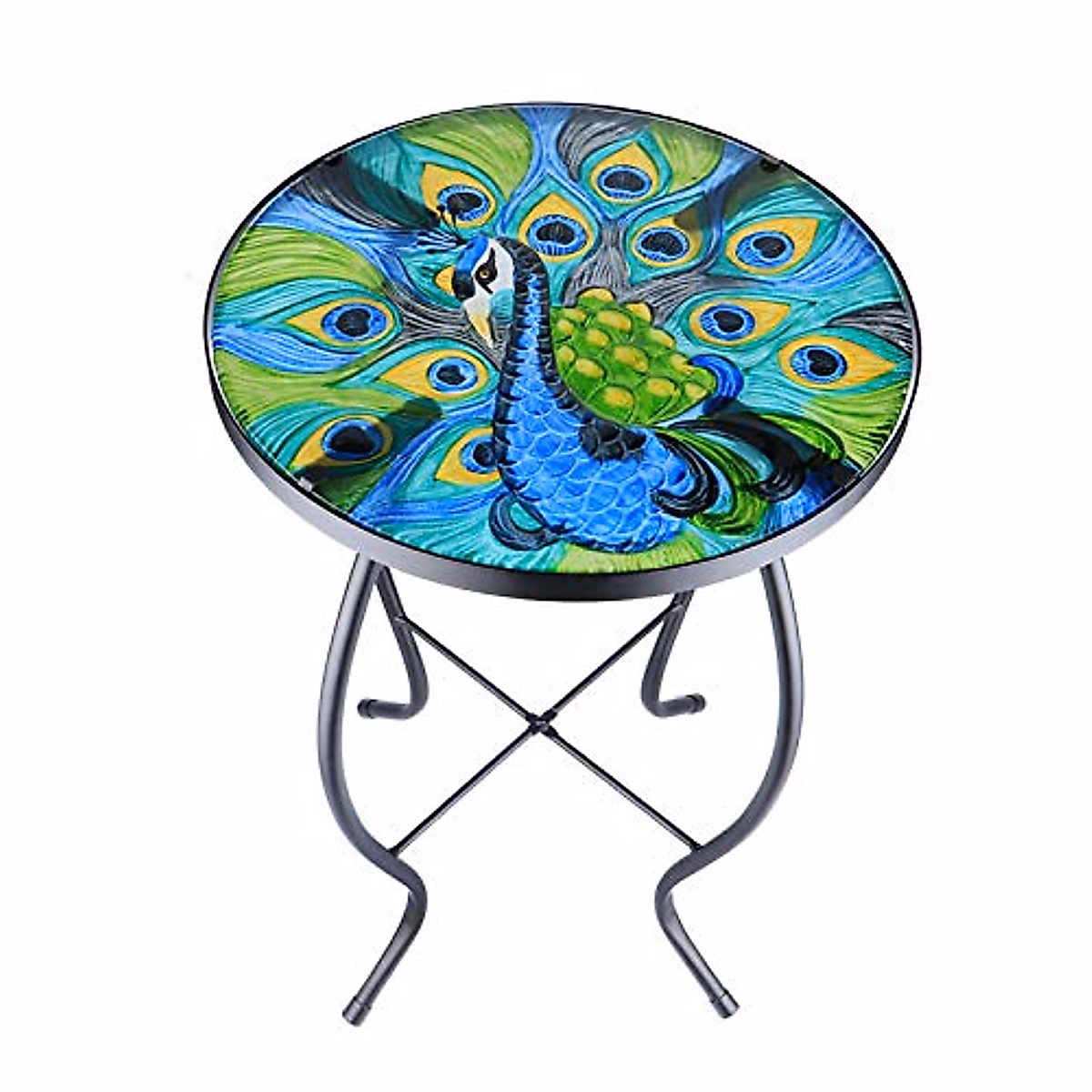 VCUTEKA Patio Side Table Plant Stands Outdoor Accent Table Small Mosaic Table Glass Top Round Balcony Coffee Table