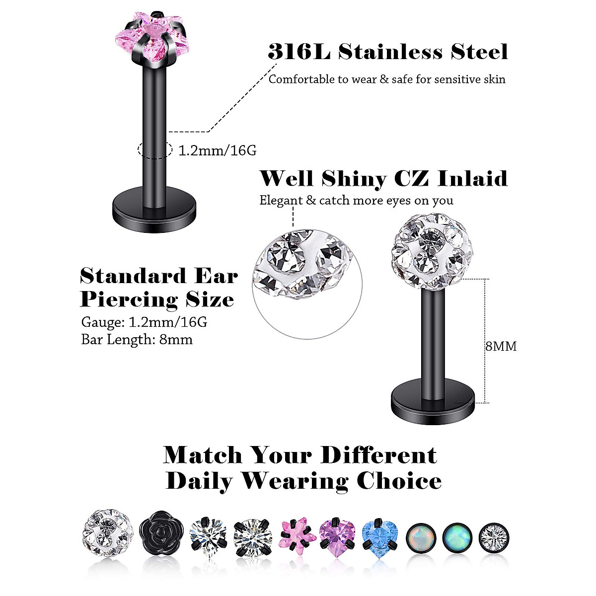 Stainless Steel Lip Studs Labret Lip Rings Cartilage Tragus Piercing Jewelry for Women Party Wear or Clothes Matching 16 G, 30 Pieces (Black)
