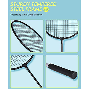 AboveGenius Badminton Rackets Set of 6 for Outdoor Backyard Games, Including 6 Rackets, 6 Nylon Badminton Shuttlecocks, Lightweight Badminton Racquets for Beginners