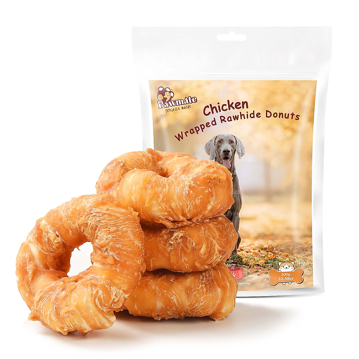 Pawmate Dog Treats Large Breed, Chicken Wrapped Rawhide Donuts Ring Rawhide Dog Chews Long Lasting Grain Free Snacks with Taurine for Medium Large Dogs 4 Counts