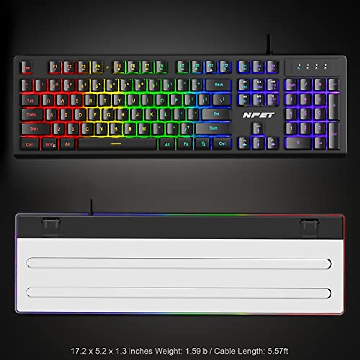NPET K10 Wired Gaming Keyboard, LED Backlit, Spill-Resistant Design, Multimedia Keys, Quiet Silent USB Membrane Keyboard for Desktop, Computer, PC (Black)