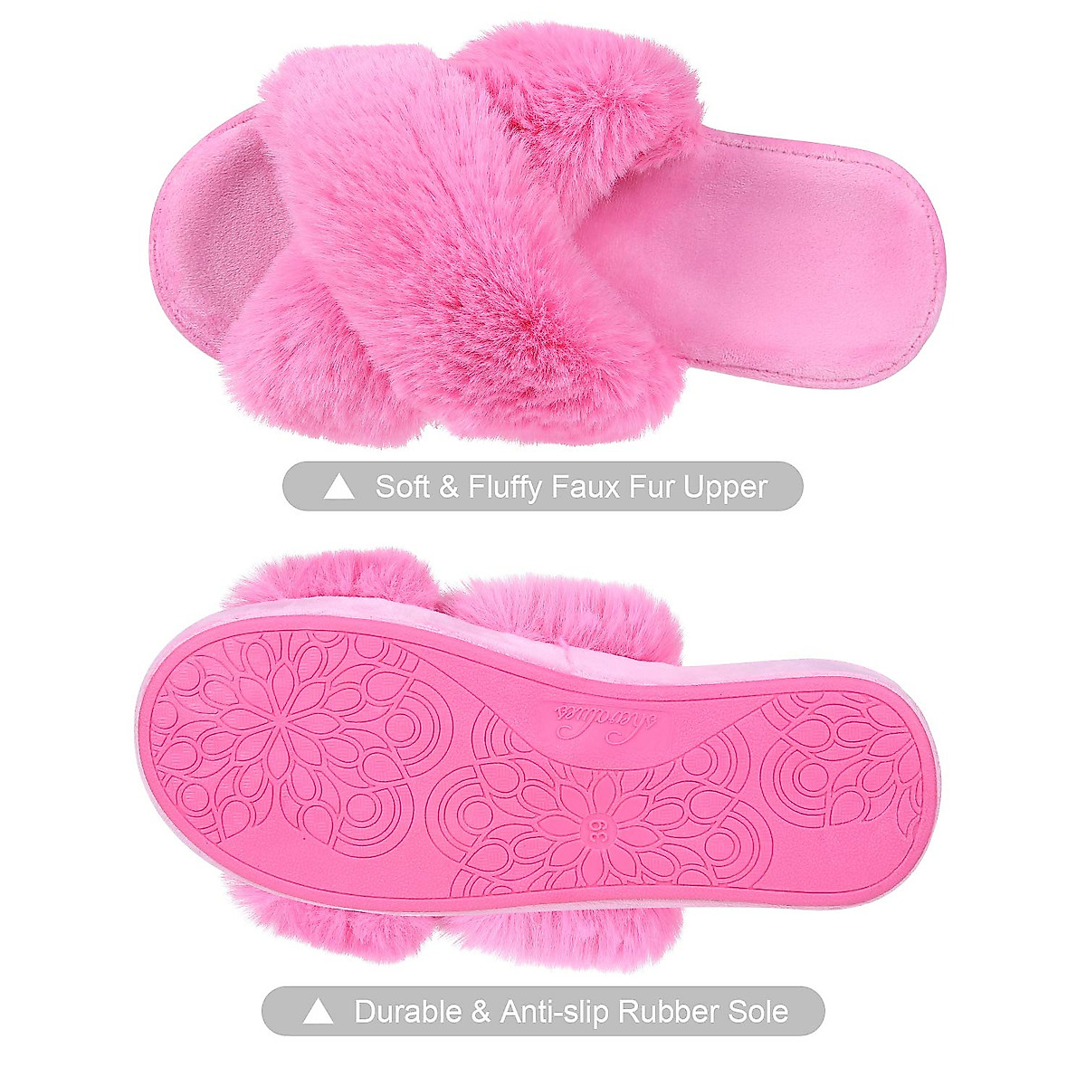 shevalues Fuzzy House Slippers for Women Cross Band Fluffy Bedroom Slippers with Arch Support,R Pink 39