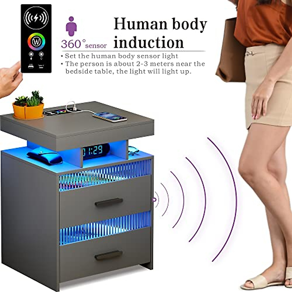 Dystler Nightstand with Charging Station and LED Lights All In One Night Stand with Drawers Bedside Table with USB Port & Outlets and Human Sensor Design Modern End Table for Bedroom Livingroom Office