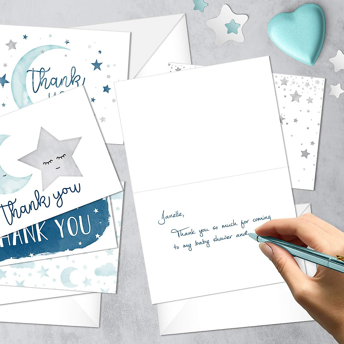 Starry Delight Thank You Cards / 24 Baby Shower Thank You Cards / 6 Night Sky Appreciation Greeting Card Designs / 3 1/2" x 4 7/8" New Baby Gratitude Note Cards/Made In The USA