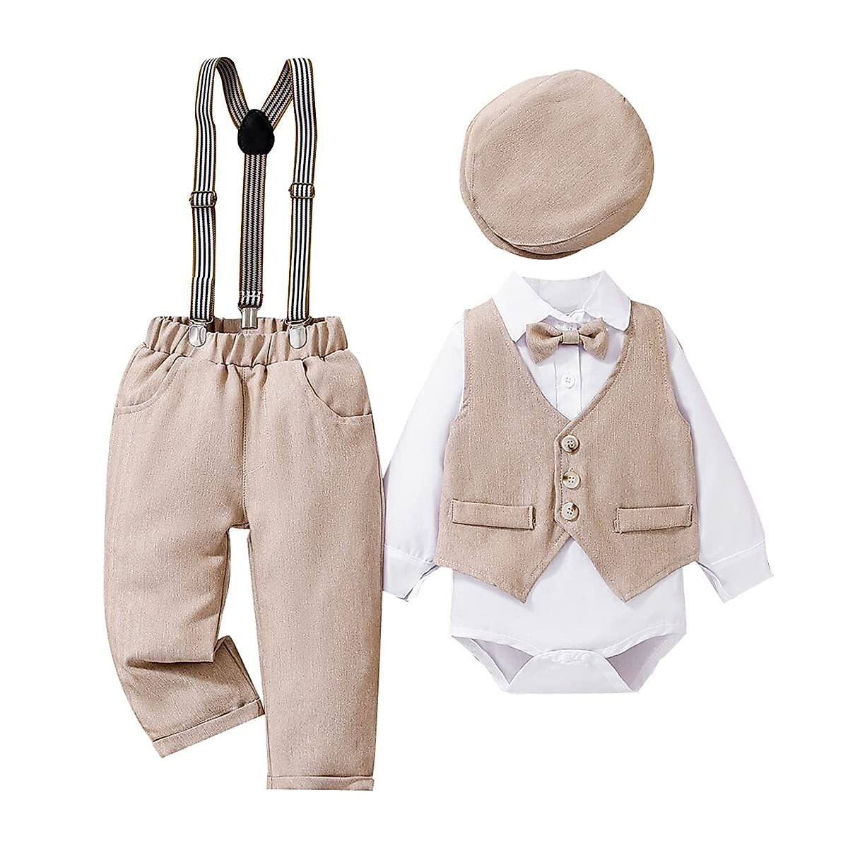 XIFAMNIY Baby Boys Gentleman Outfit 4Pcs Pants and Top Sets Newborn Long Sleeve Romper+ Hat + Vestcoat + Bow Tie 3-24M