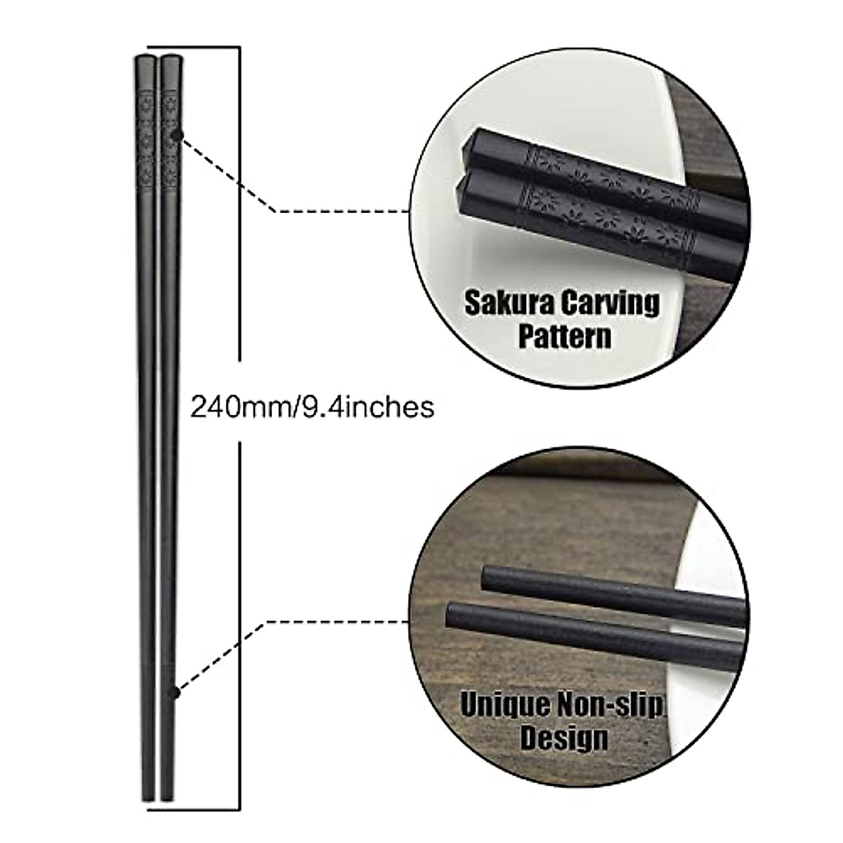 Chopsticks, YFWOOD 5 Pairs Fiberglass Chopsticks - Reusable Japanese Chinese Chopsticks Dishwasher Safe, Non-Slip,9.4 Inch- Black